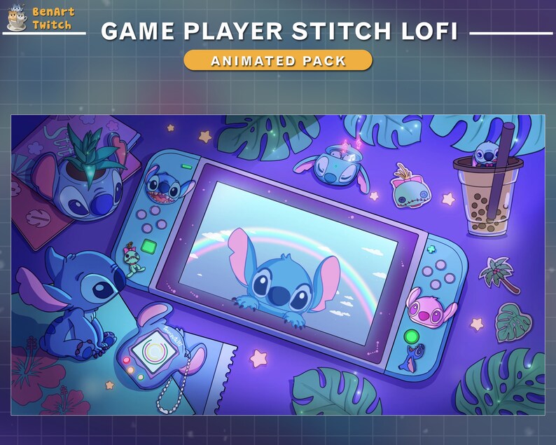 Animiertes Twitch Overlay Paket Lo-fi Desk Stitch, Niedliches Stitch ...
