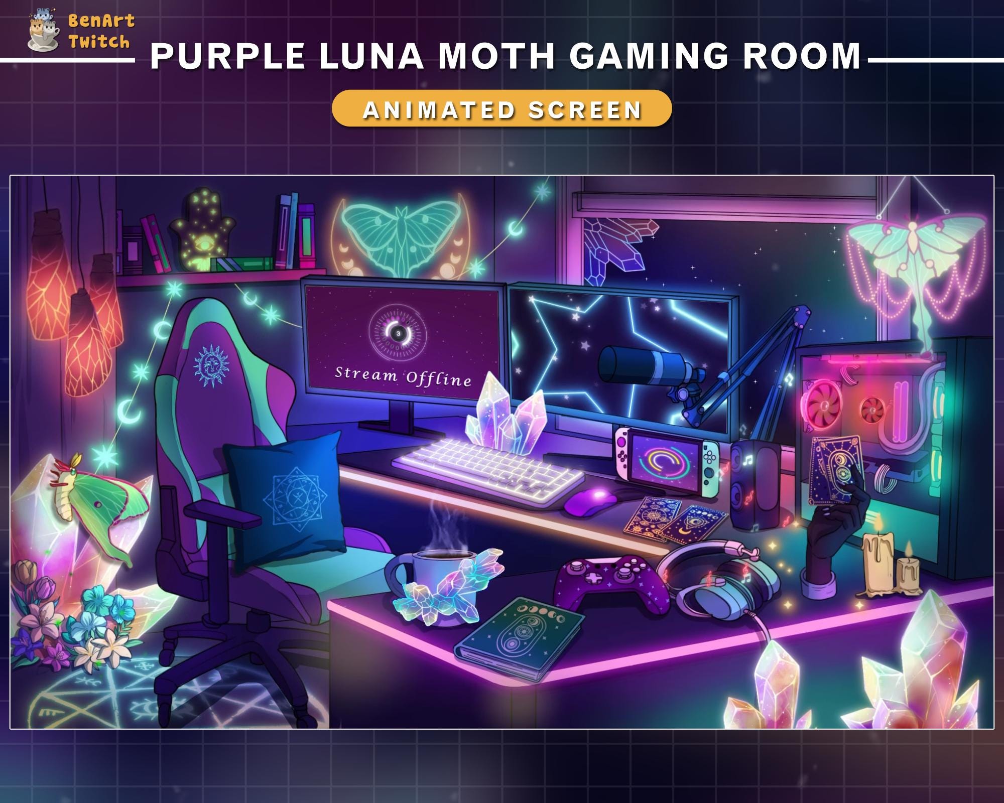 Animated Stream Screen Game Room Luna Moth, Goth Twitch Overlay With ...