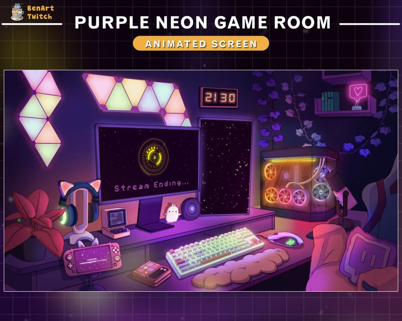 Animated Twitch Screens Cozy PC Room Setup, Purple Pink Neon Game Room ...