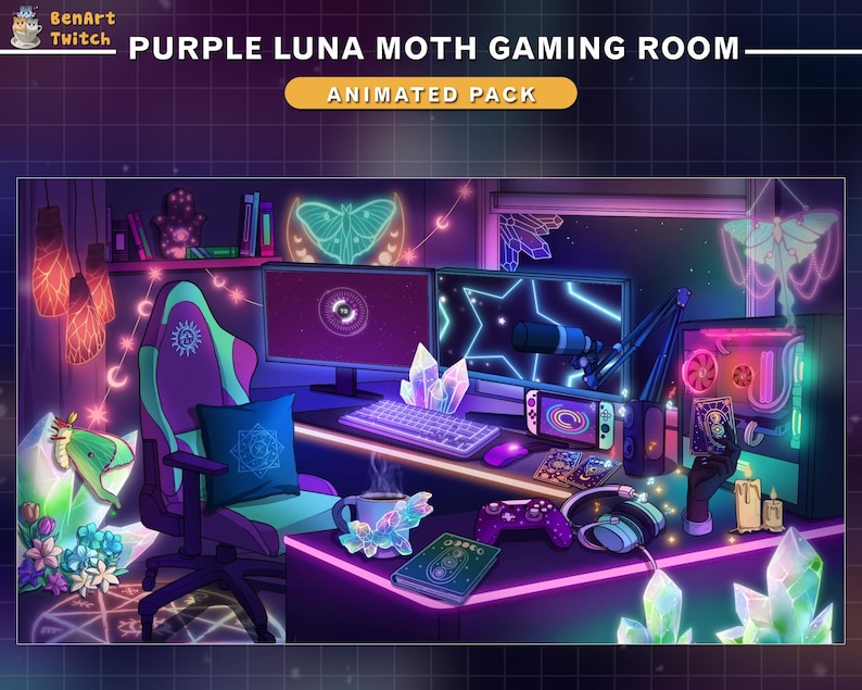 Animated Stream Package Game Room Luna Moth, Goth Twitch Overlay With ...