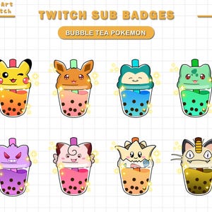 Cute Pokemon Boba Tea Twitch Sub Badge With Pikachu, Eevee, Snowlax ...