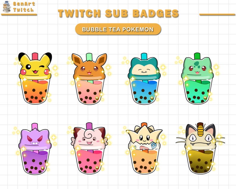 Cute Pokemon Boba Tea Twitch Sub Badge With Pikachu, Eevee, Snowlax ...