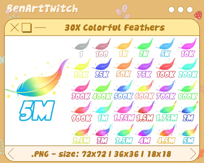 30x Colorful Feathers Twitch Bit Badges, Rainbow Bit Badges, Complete ...