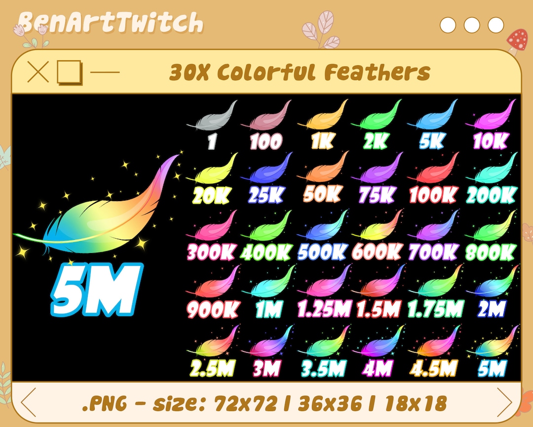 30x Colorful Feathers Twitch Bit Badges, Rainbow Bit Badges, Complete ...