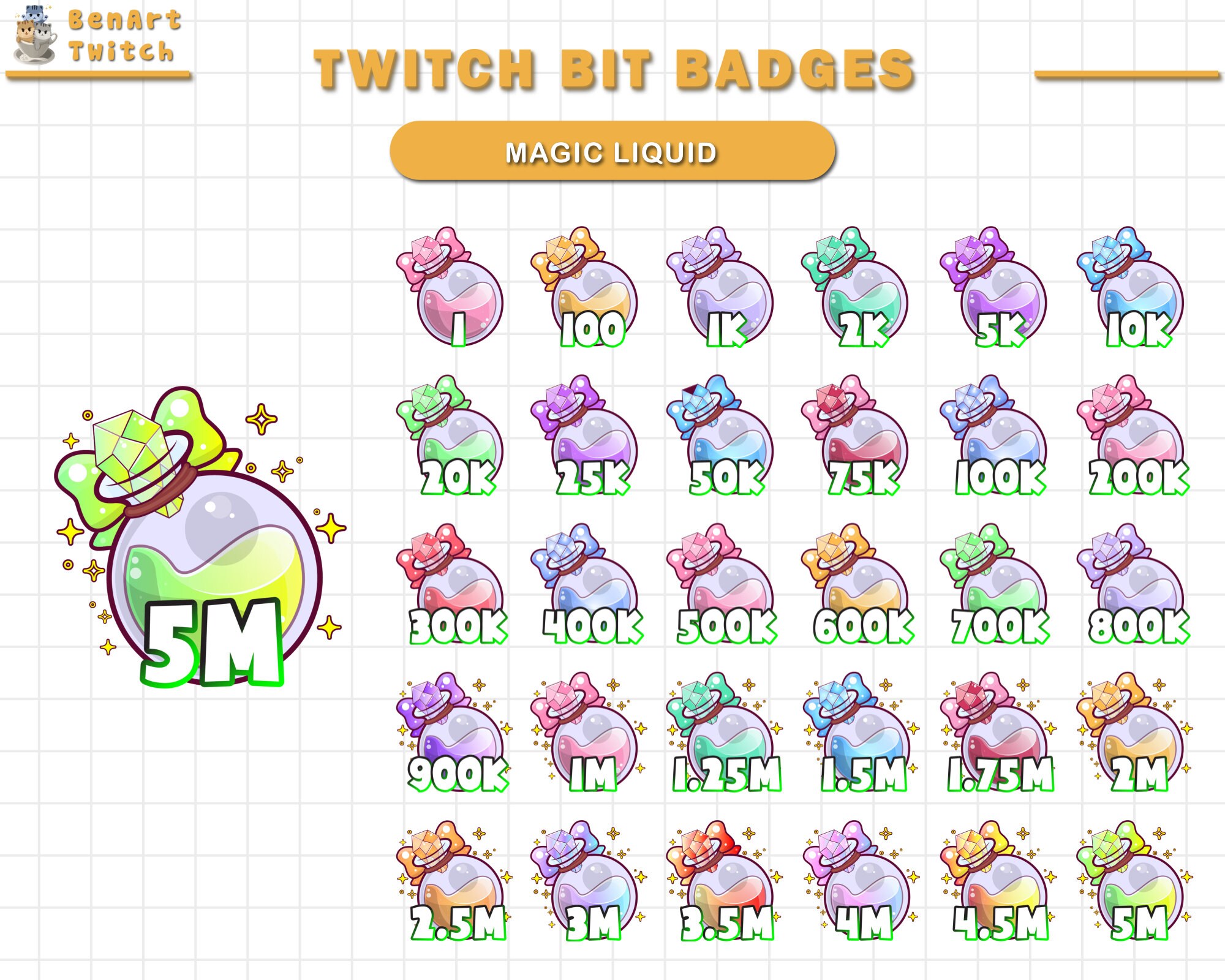 Full Set 30 Magic Liquid Twitch Bit Badges, Fluid Bag Magic Twitch ...
