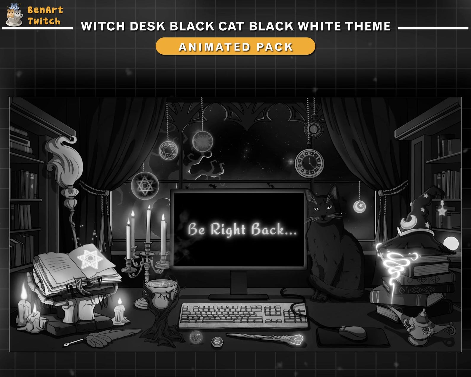 Animated Witch Desk Black Cat Stream Package Black and White Theme ...