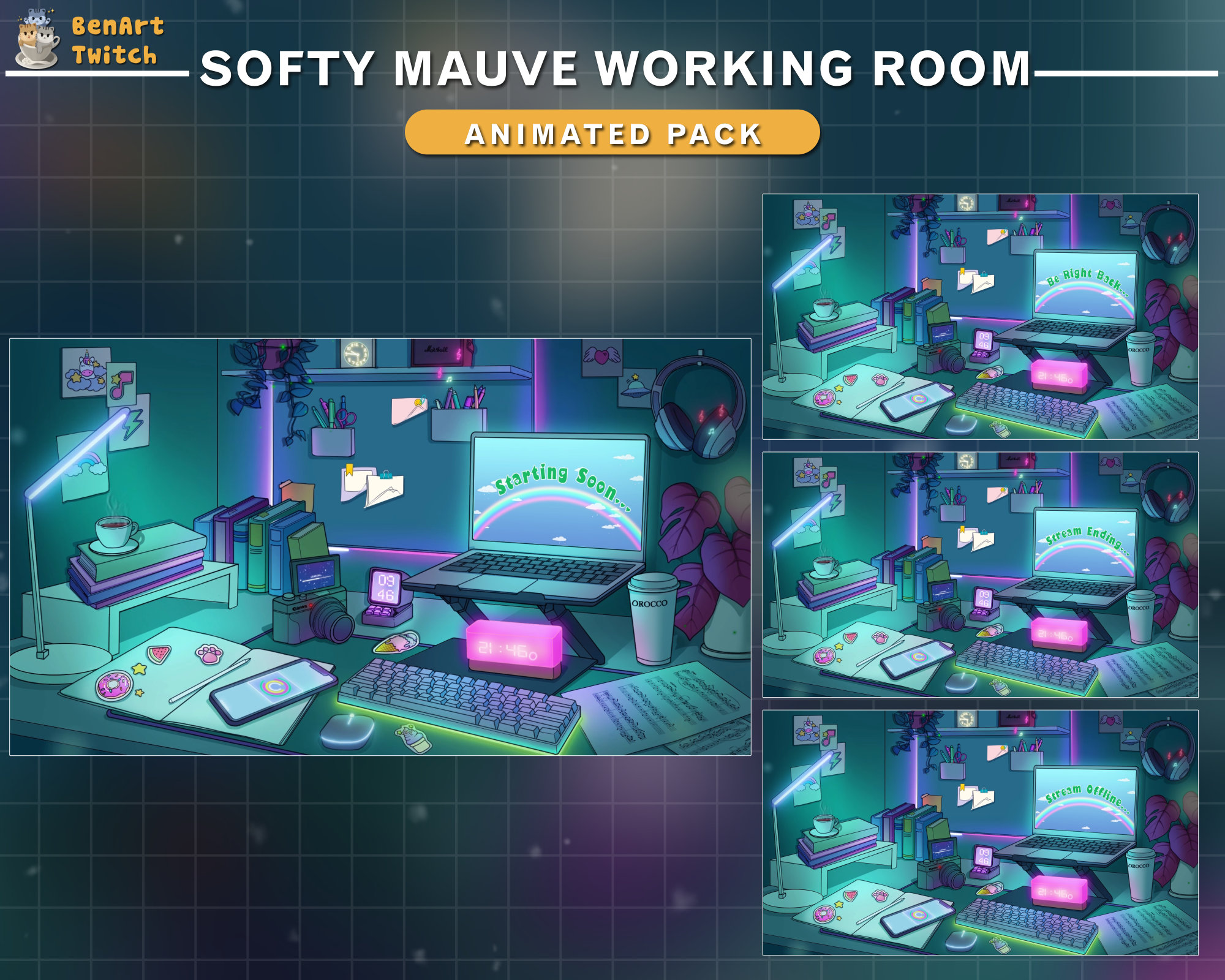 Animated Twitch Overlay Softy Mauve Working Room, Neon Lo-fi Desk ...