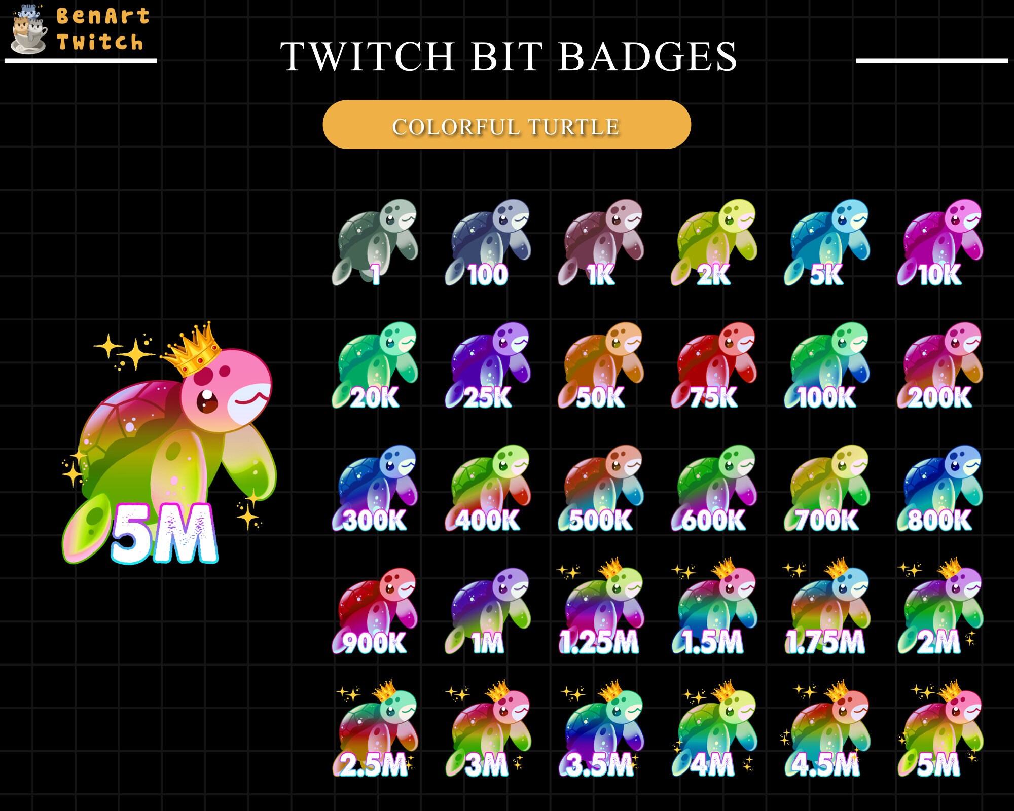 30x Colorful Turtles Twitch Sub Bit Badges, Turtles Sub Badges, Complete Twitch Bit Badges Set ...