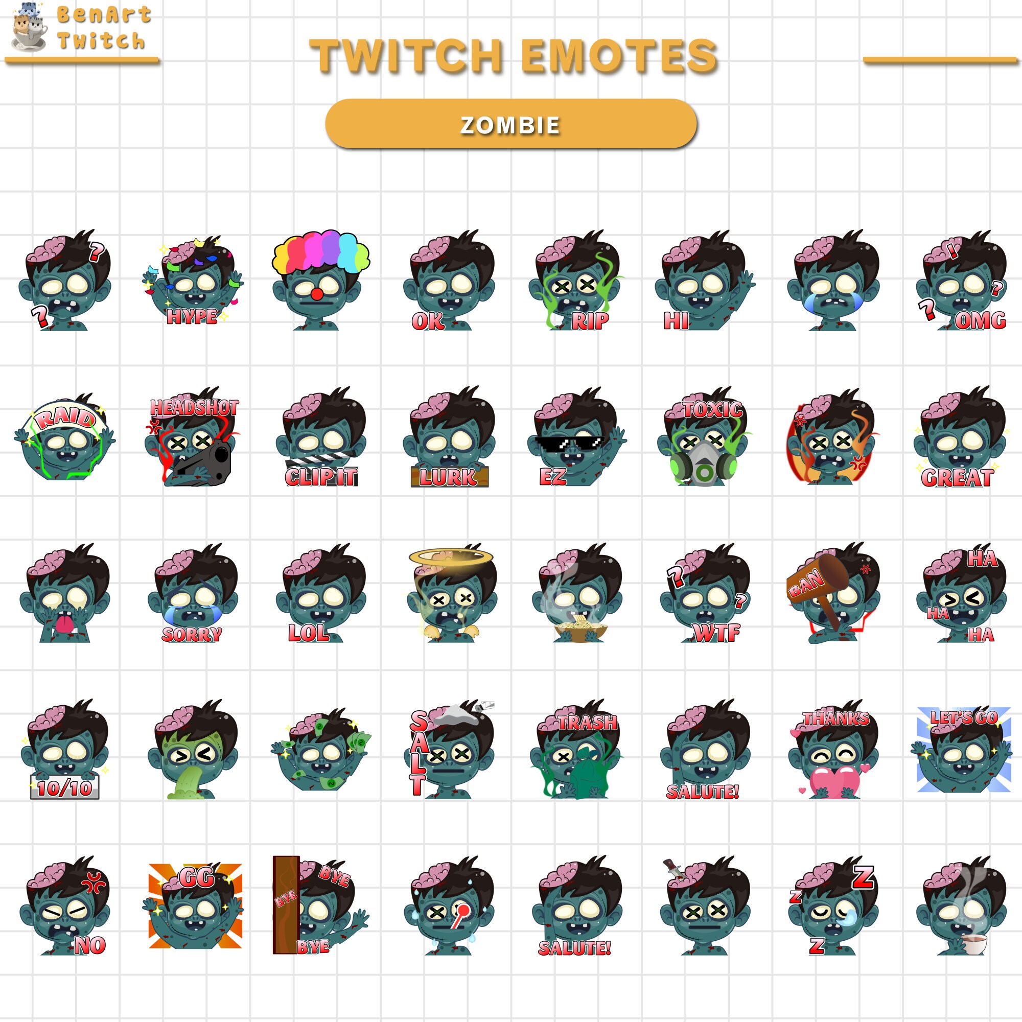 40x Zombie Twitch Emotes Pack, Cute Zombie Stream Emotes, Ready to Use ...