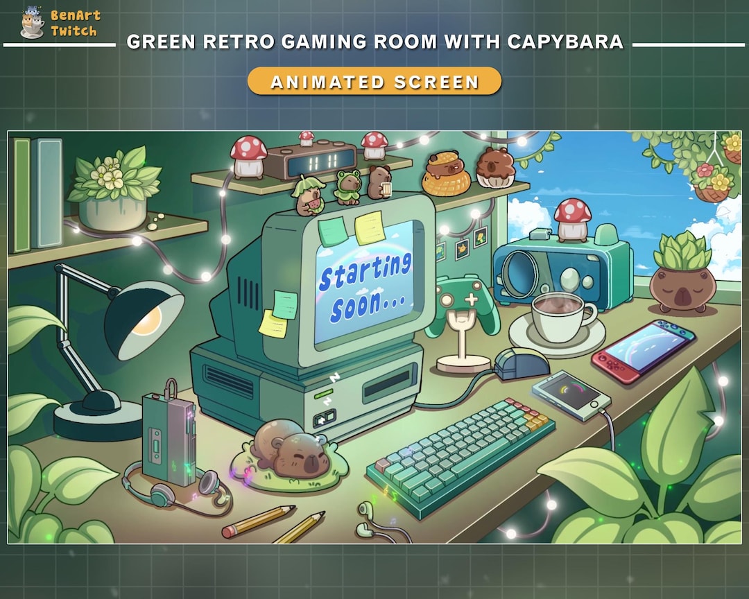 Animated Stream Screen Green Retro Gaming Room, Cozy Gamer Background ...
