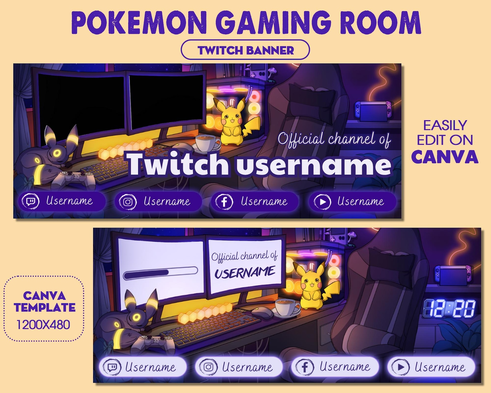 Pokemon Gaming Room Twitch Banner, Cozy Room Stream Banner With Pikachu ...