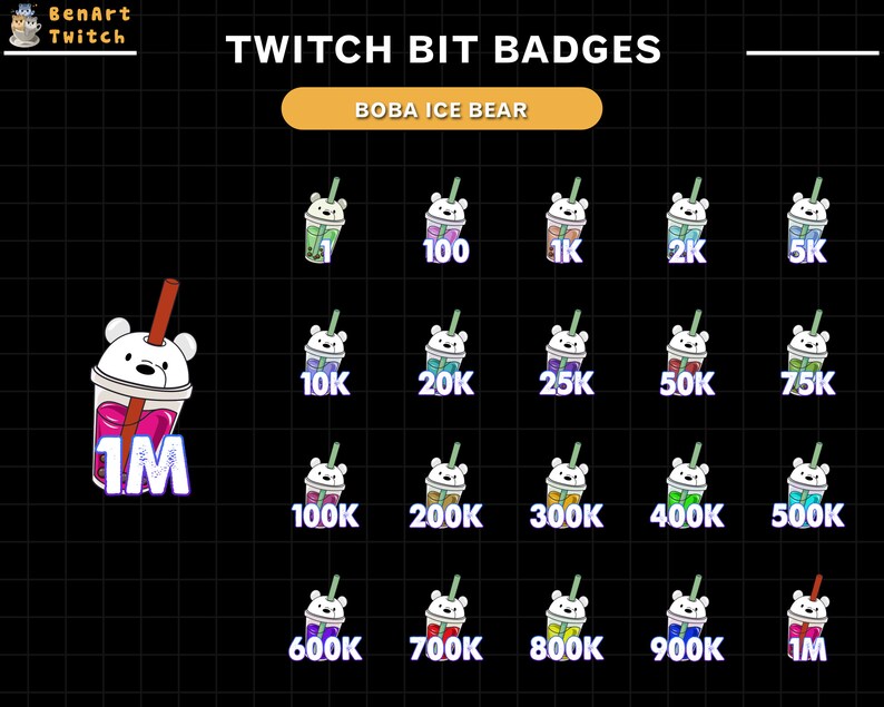 20x Boba Ice Bear Twitch Sub Bit Badges, Bear Sub Badges, Complete ...