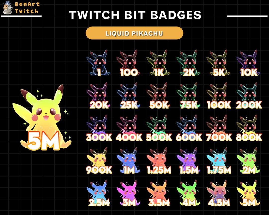 Liquid Pikachu Twitch Bit Badges, Numbers Twitch Badges for Streamers ...
