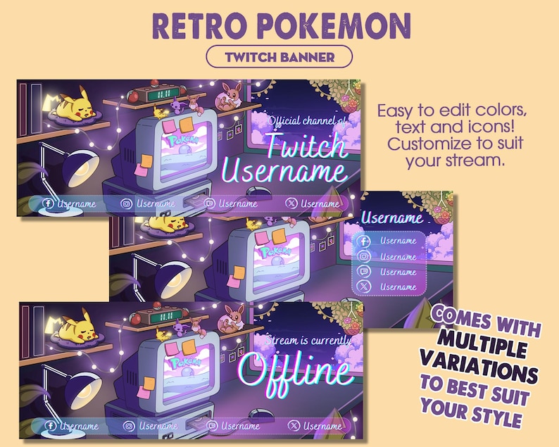Retro Gaming Room Pikachu Twitch Banner Template, Lo-fi Desk Stream ...