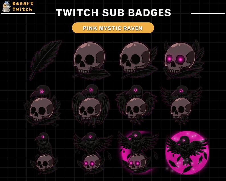 Raven Skull Twitch Sub Badges, Horror Twitch Badges With Crow, Skull ...