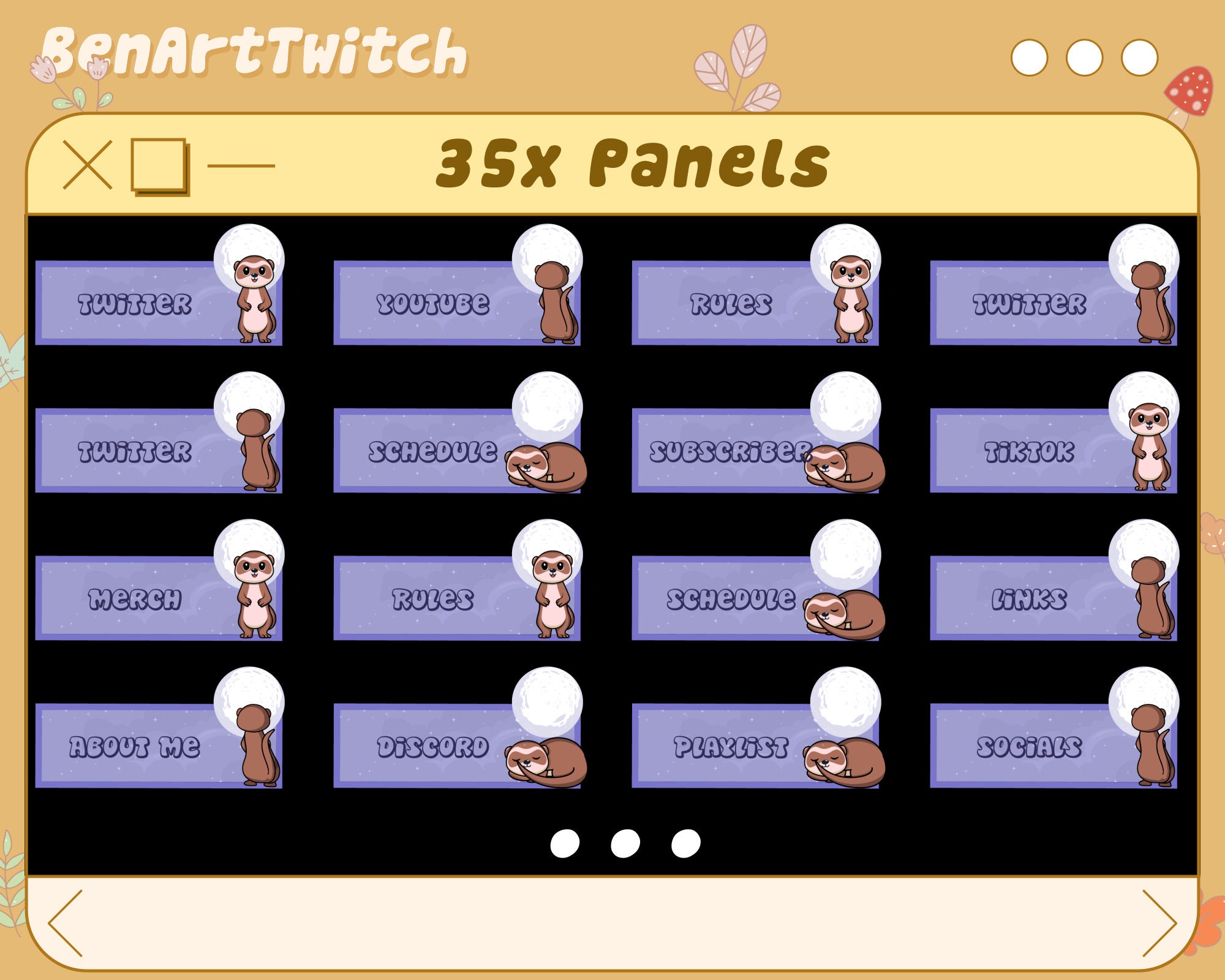 Animated Twitch Overlay Cute Ferret With Moon, Night Sky Stream Bundle ...