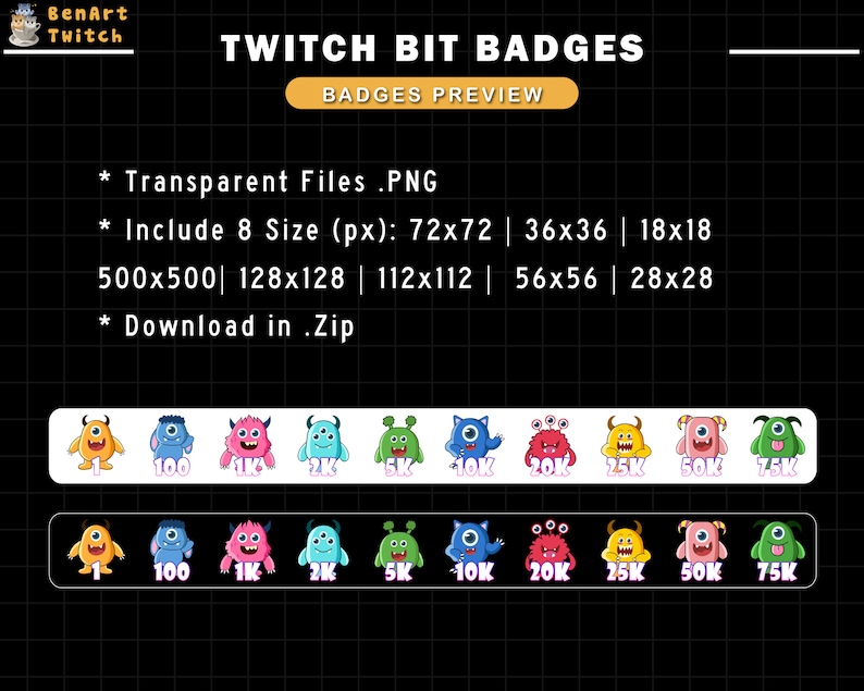30x Cute Monsters Twitch Bit Badges, Halloween Twitch Badges, Complete ...