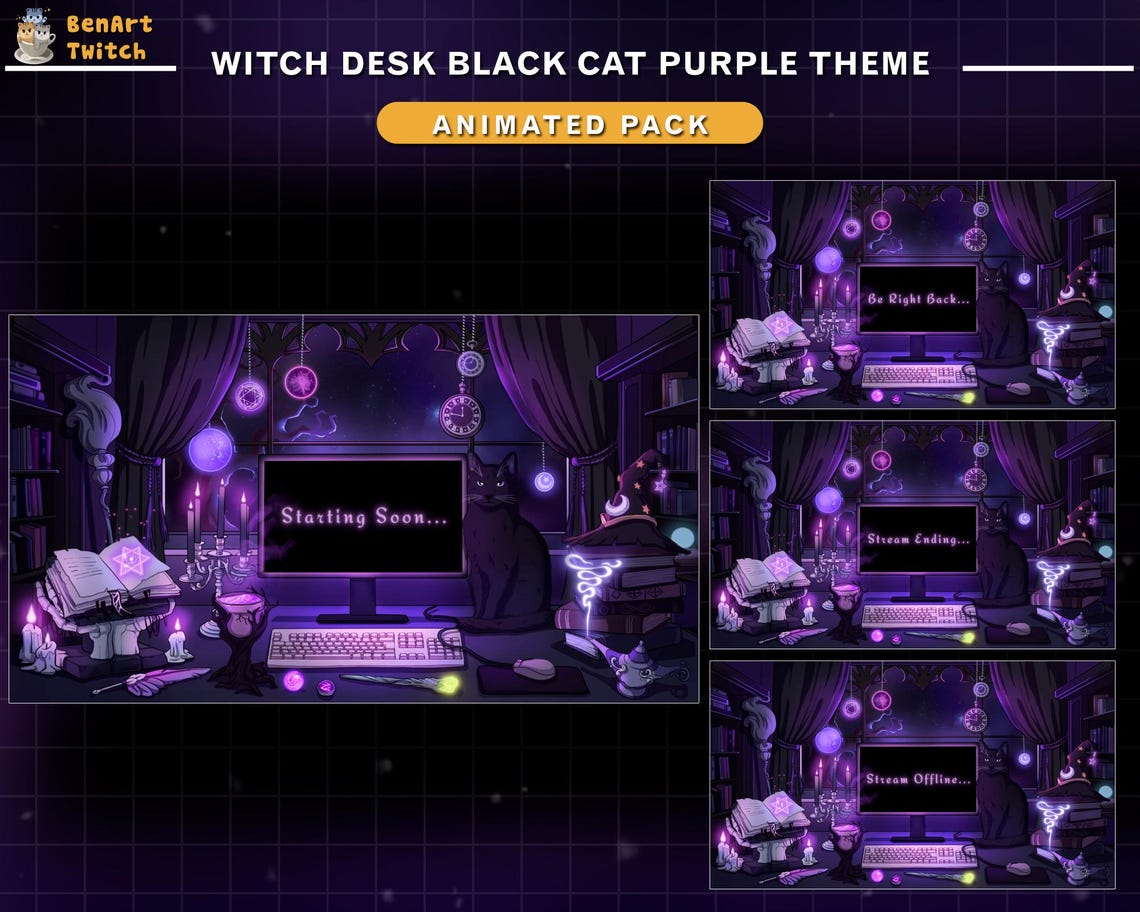 Animated Witch Desk Black Cat Stream Package Purple Theme, Mystic ...