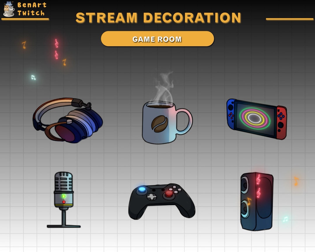 6x Animated Game Room Collection Stream Decoration, Coffee, Headphone ...