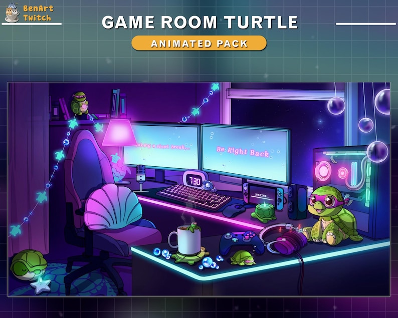 Animated Stream Package Turtle Gamer Room, Cute Sea Turtle Twitch ...