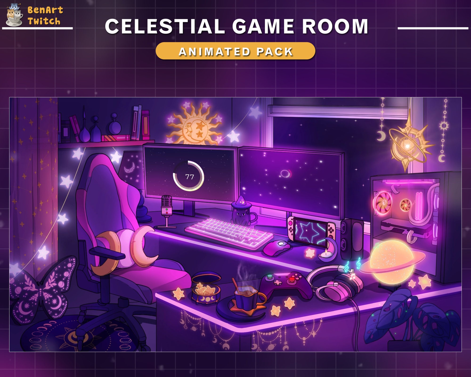 Animated Stream Package Lofi Desk Celestial, Goth Twitch Overlay With ...