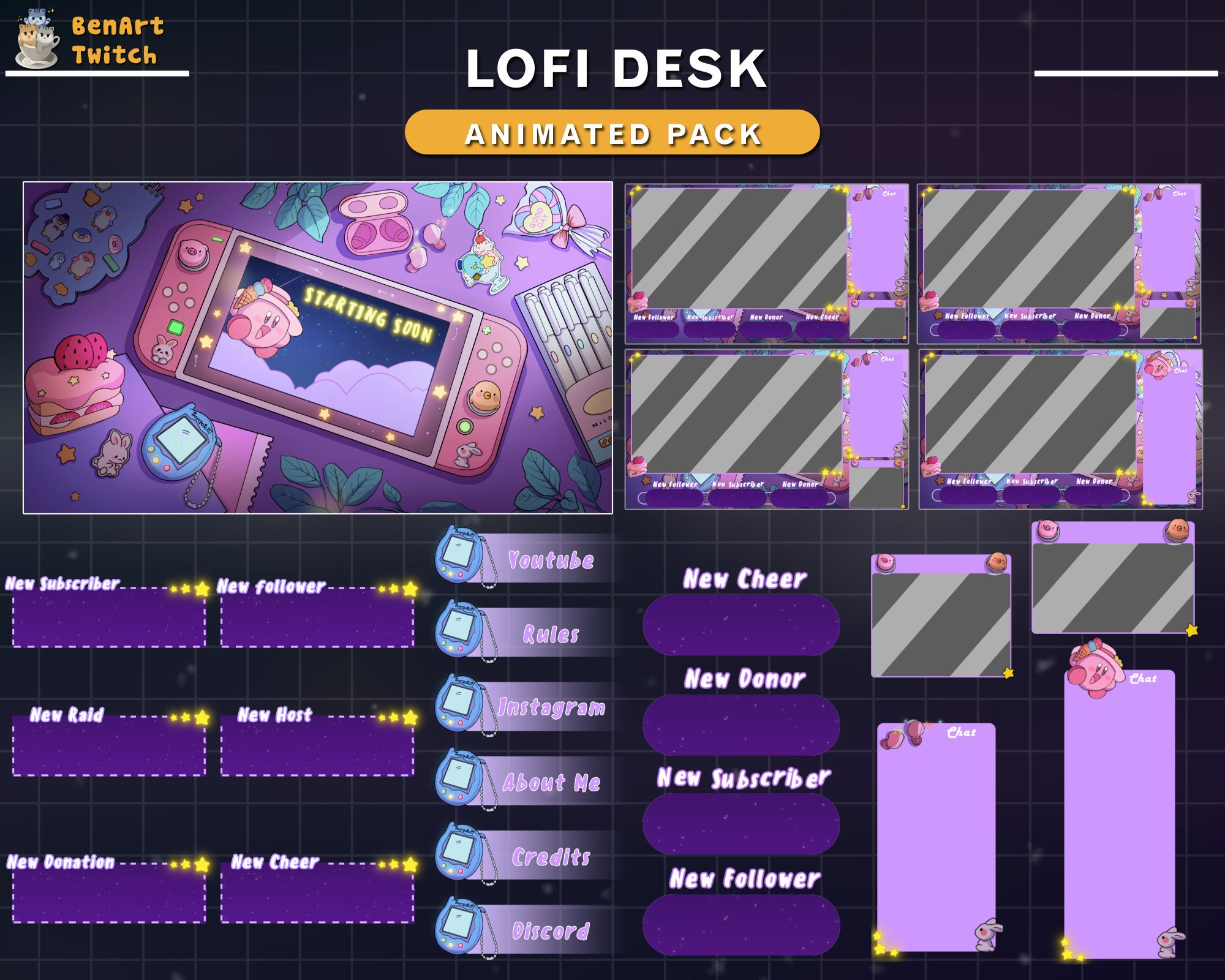 Animated Lofi Desk Stream Package, Night Pastel Pink Twitch Overlay ...