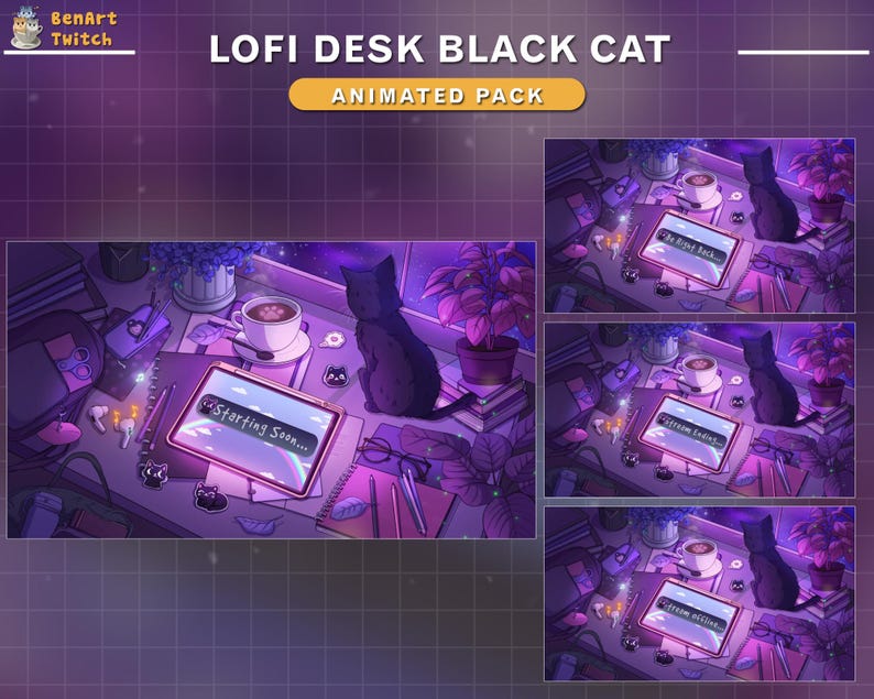 Animated Stream Package Lofi Desk Black Cat, Black Cat Twitch Overlay ...