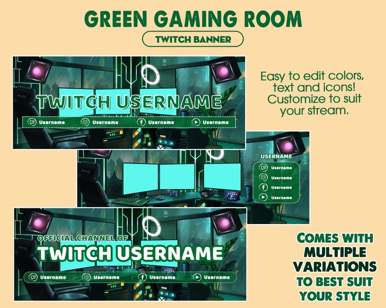 Twitch Banner Template, Cyberpunk Gaming Room Green, Cozy Streaming ...