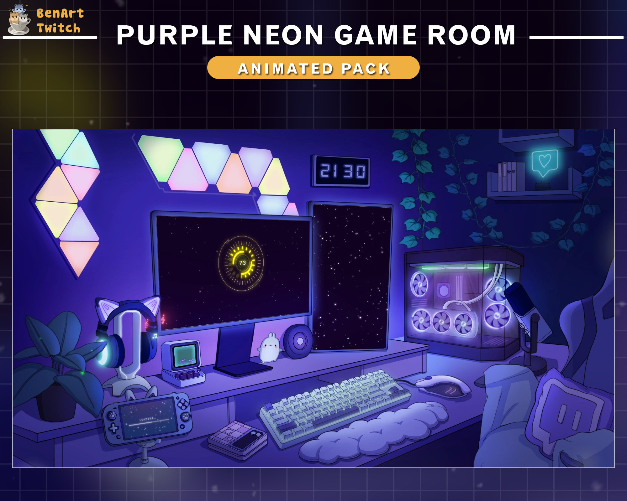 Animated Twitch Overlay Cozy PC Room Purple, Neon Game Room Stream ...
