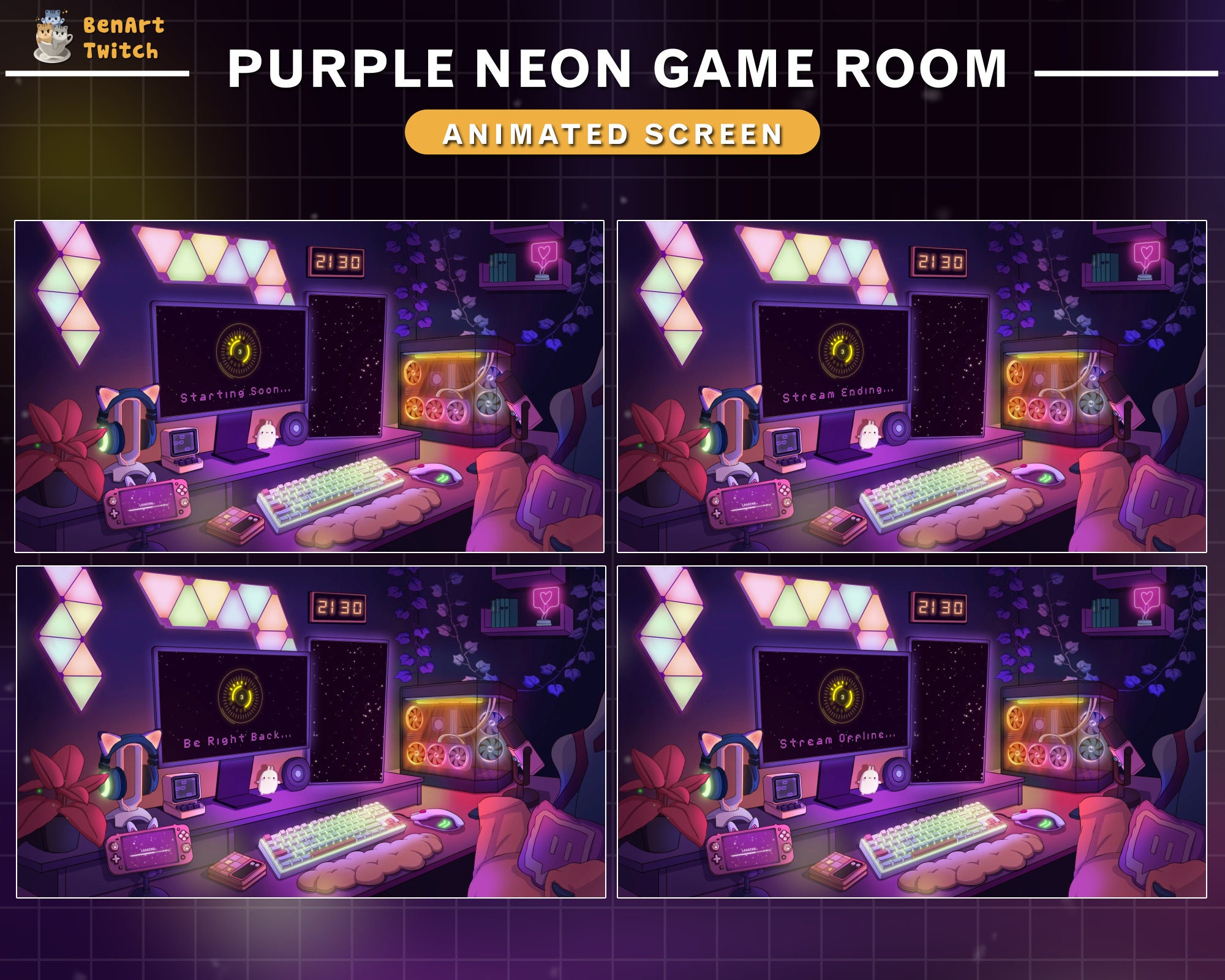 Animated Twitch Screens Cozy PC Room Setup, Purple Pink Neon Game Room ...
