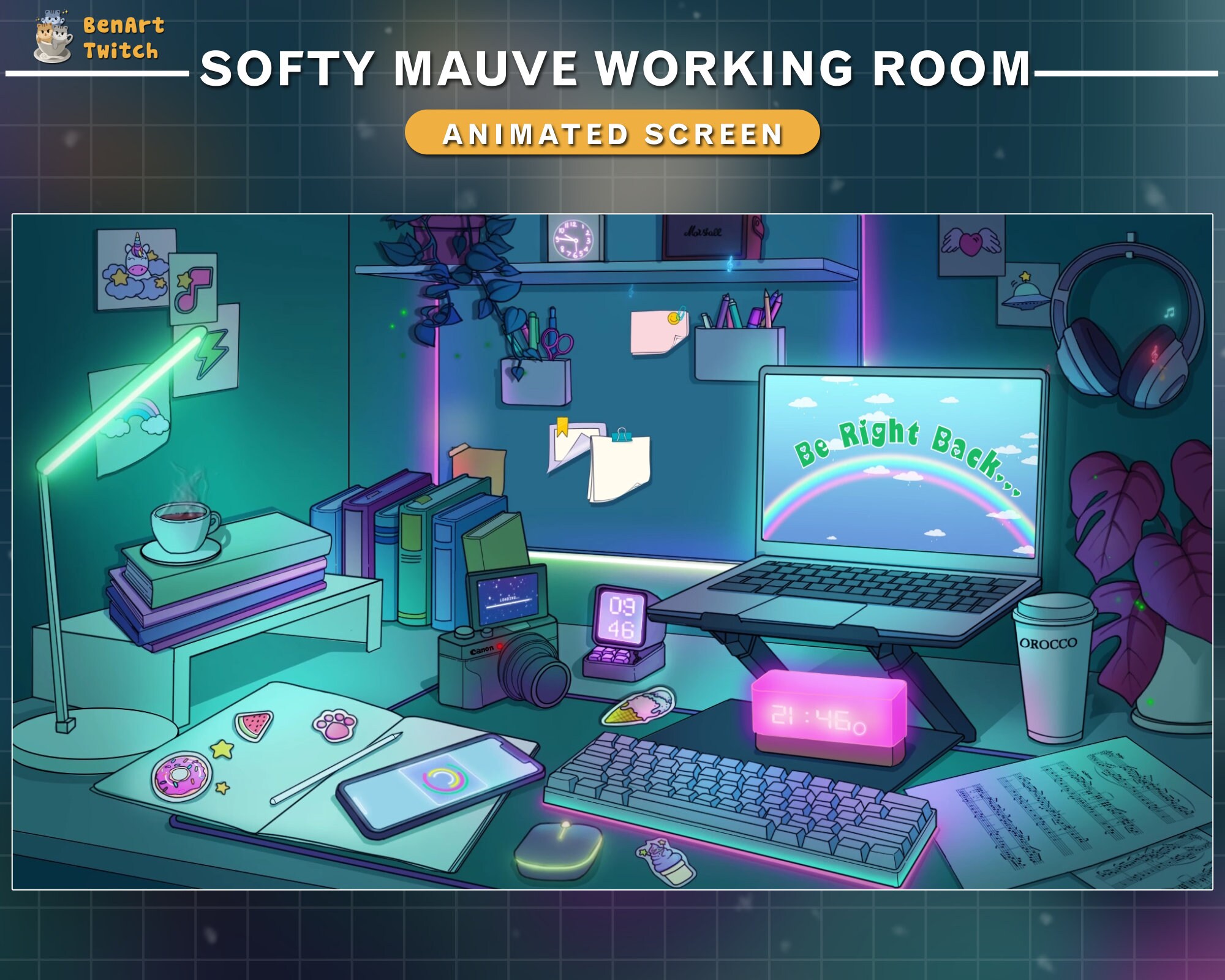Animated Twitch Overlay Softy Mauve Working Room, Neon Lo-fi Desk ...