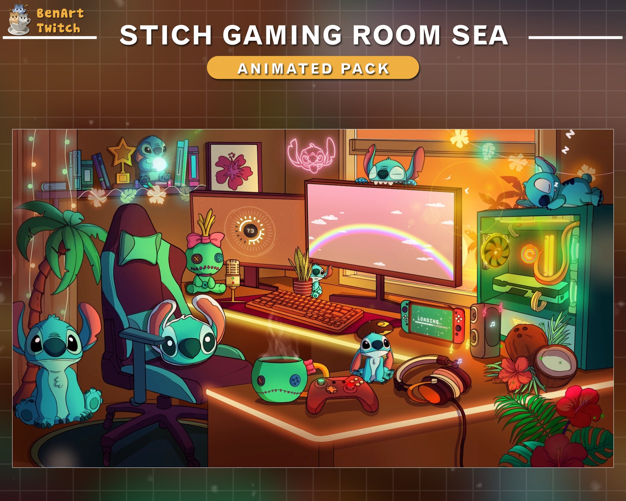 Animated Twitch Pack Game Room Stitch Summer, Cute Stitch Stream ...