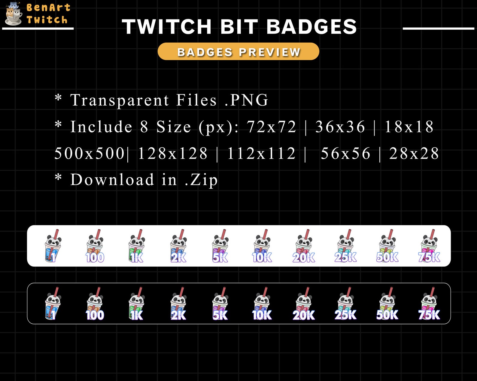 20x Boba Panda Twitch Sub Bit Badges, Panda Sub Badges, Complete Twitch Bit Badges Set, Twitch ...