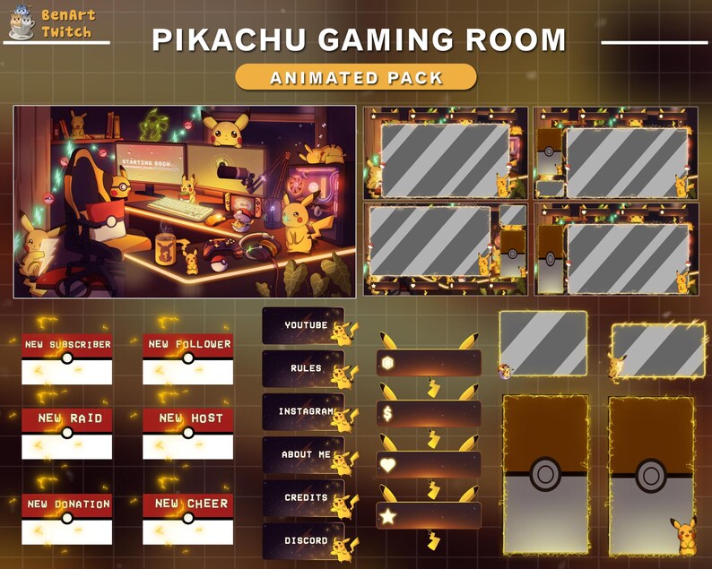 Animated Twitch Overlay Game Room Pikachu, Cute Pikachu Stream Package ...