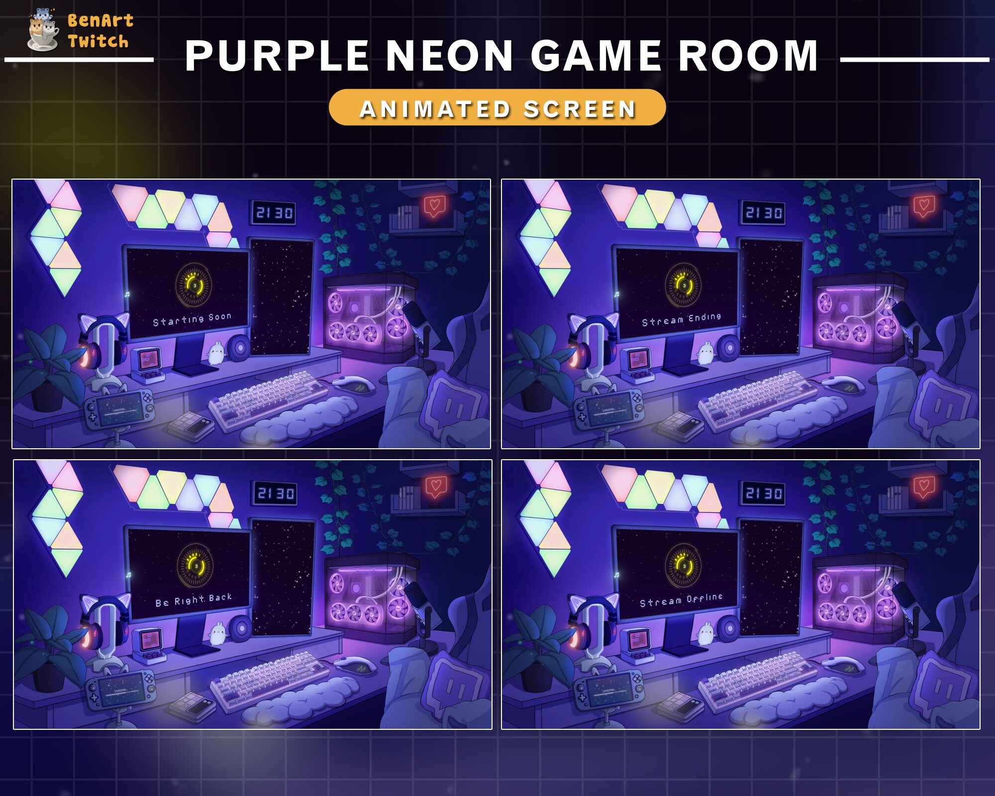 Animated Twitch Screens Cozy PC Room Setup, Neon Game Room Stream ...