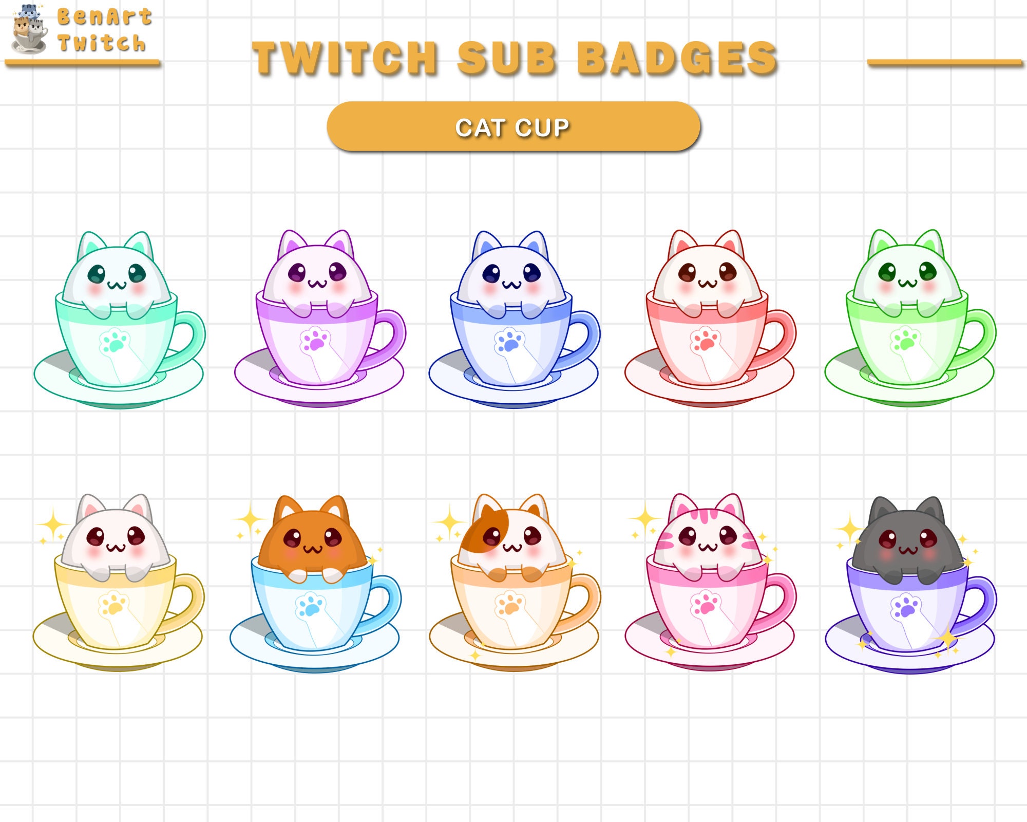 Cat Cups Twitch Sub Badges, Cute Cat Twitch Badges for Streamers ...