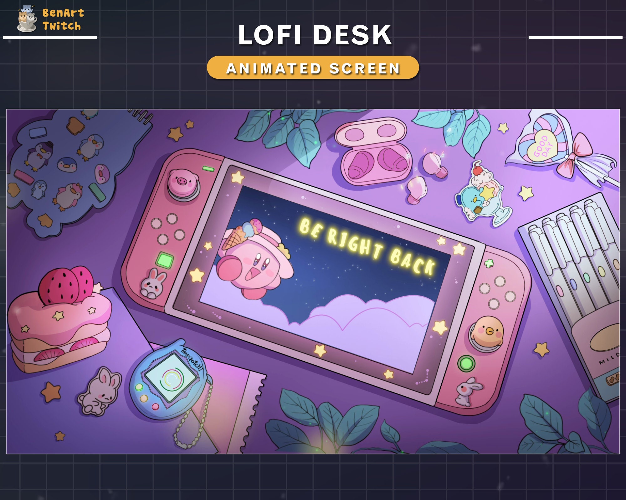 Animated Lofi Desk Stream Package, Night Pastel Pink Twitch Overlay ...