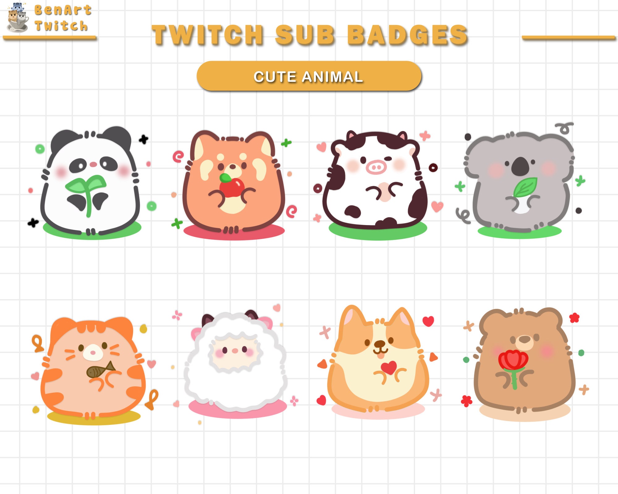 Cute Animals Twitch Sub Badges, Cute Cat, Dog, Rabbit, Panda Twitch ...