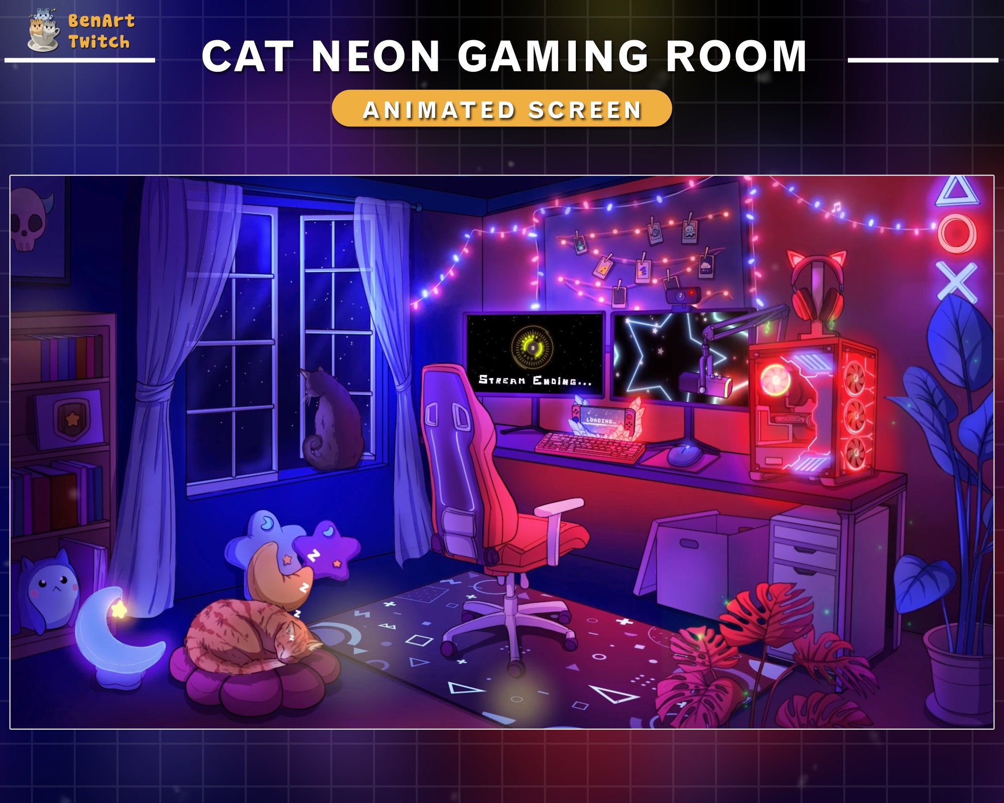 Animated Neon Cat Game Room Twitch Screens With Starry Night Scene ...