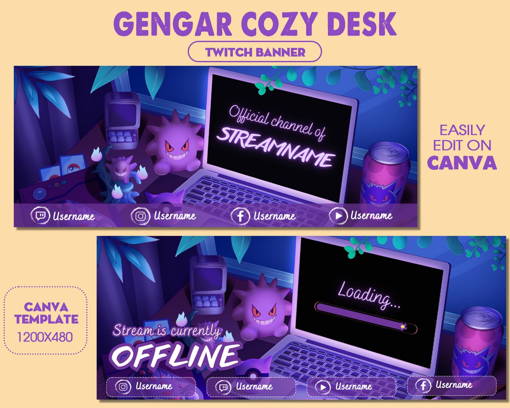 Gengar Lo-fi Desk Twitch Banner Template, Purple Aesthetic Stream ...