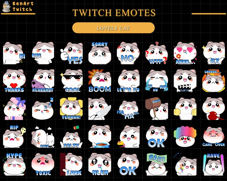 40x Cute Cat Twitch Emotes Pack Cute Cat Stream Emotes Pack - Etsy