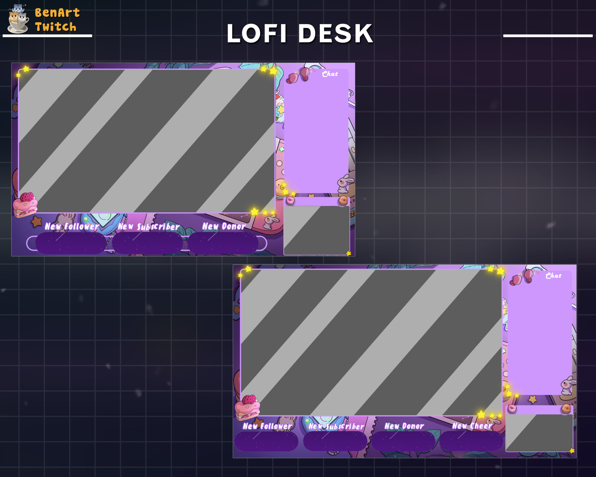 Animated Lofi Desk Stream Package, Night Pastel Pink Twitch Overlay ...