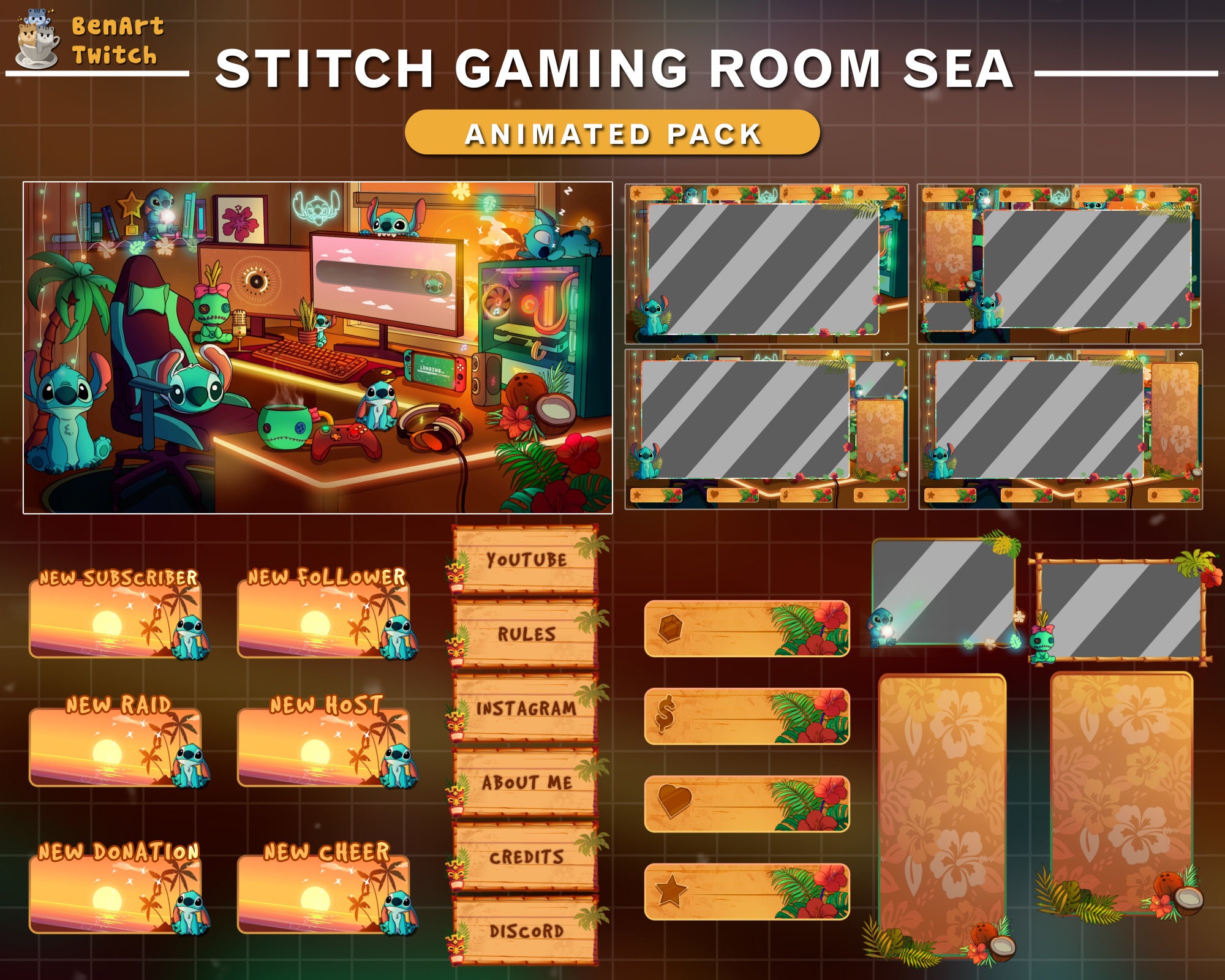 Animated Twitch Pack Game Room Stitch Summer, Cute Stitch Stream ...