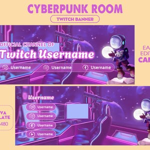 Cyber Twitch Banner, Space Stream Banner With Astronaut, Moon & Neon ...