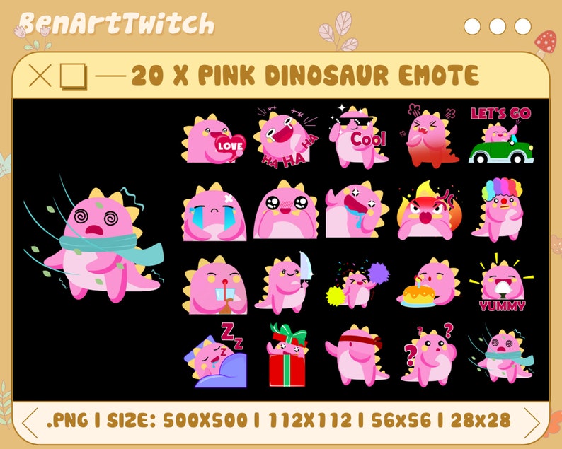 Pink Cute Dinosaur Twitch Emotes Pack 20, Cute Animals Twitch Emotes ...