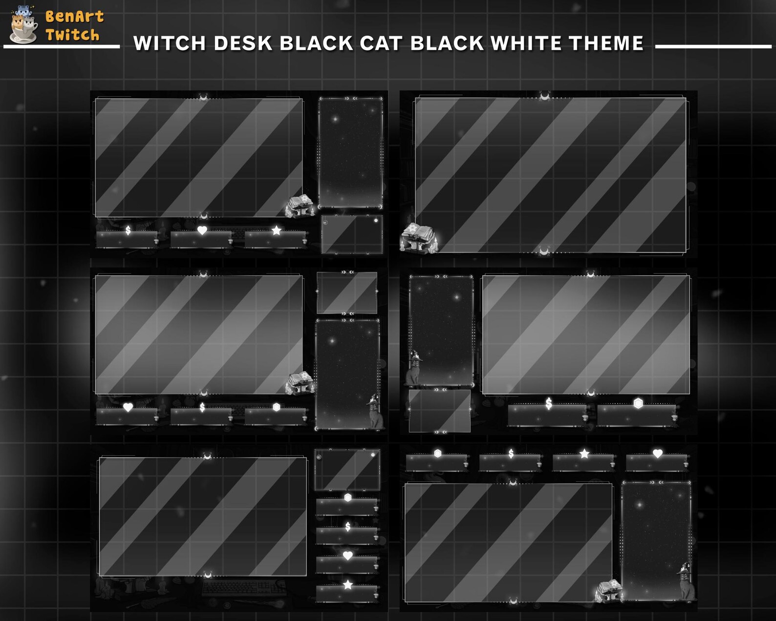 Animated Witch Desk Black Cat Stream Package Black and White Theme ...