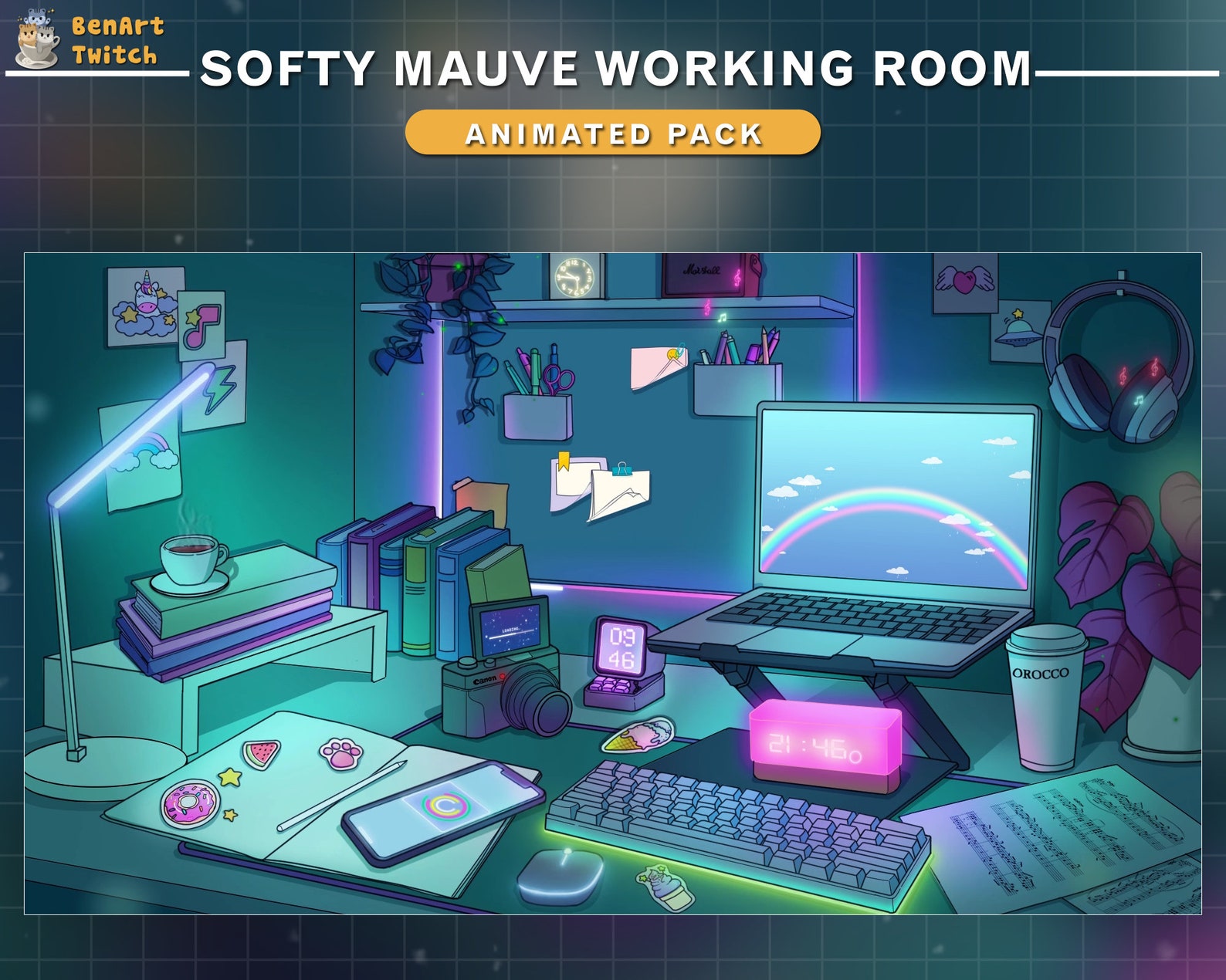 Animated Twitch Overlay Softy Mauve Working Room, Neon Lo-fi Desk ...