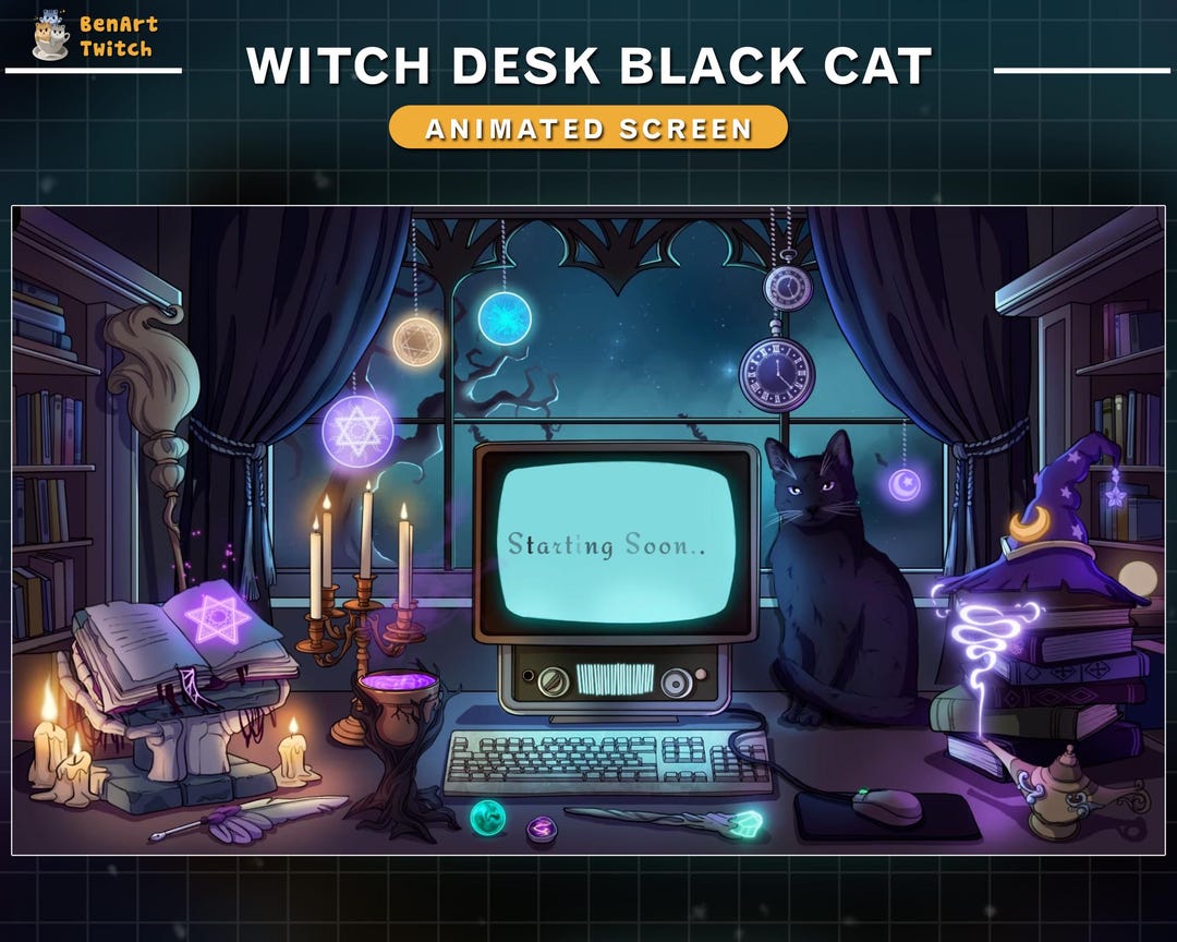 Animated Stream Screen Witch Desk Black Cat, Mystic Twitch Overlay With ...