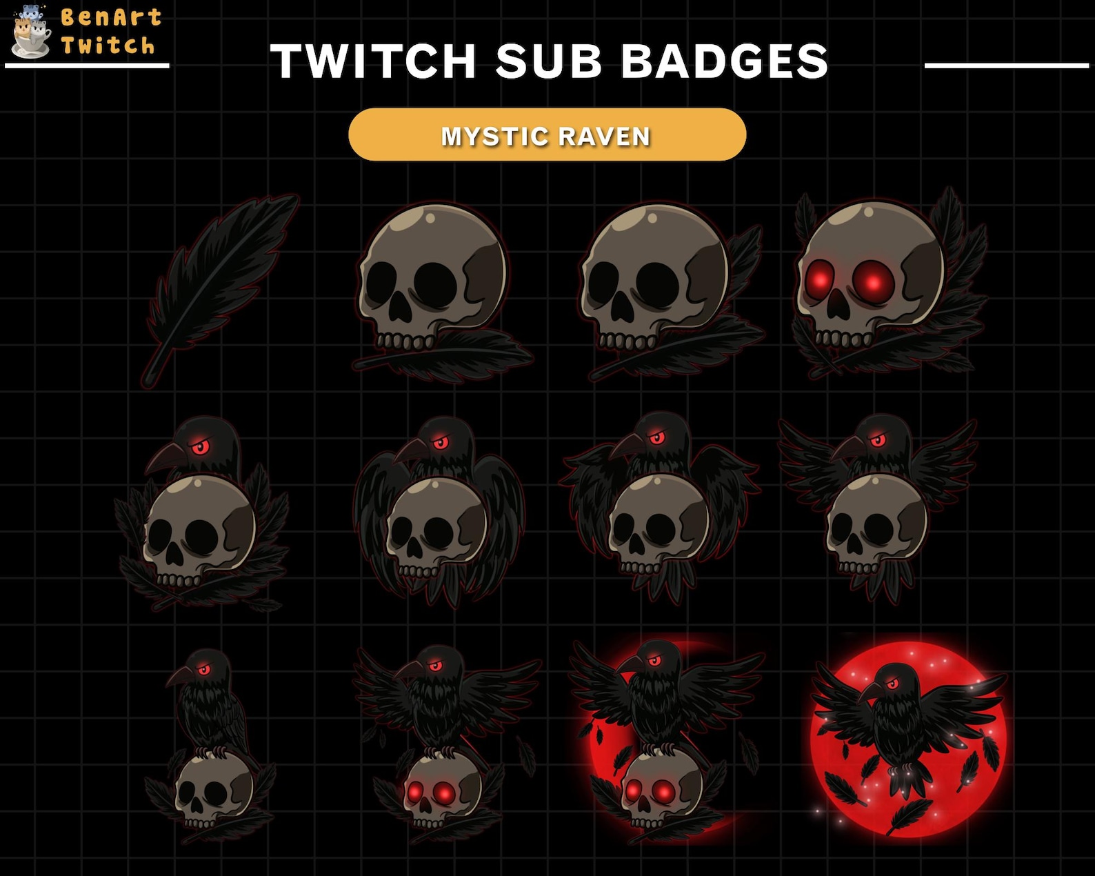 Raven Skull Twitch Sub Badges, Horror Twitch Badges With Crow, Skull ...