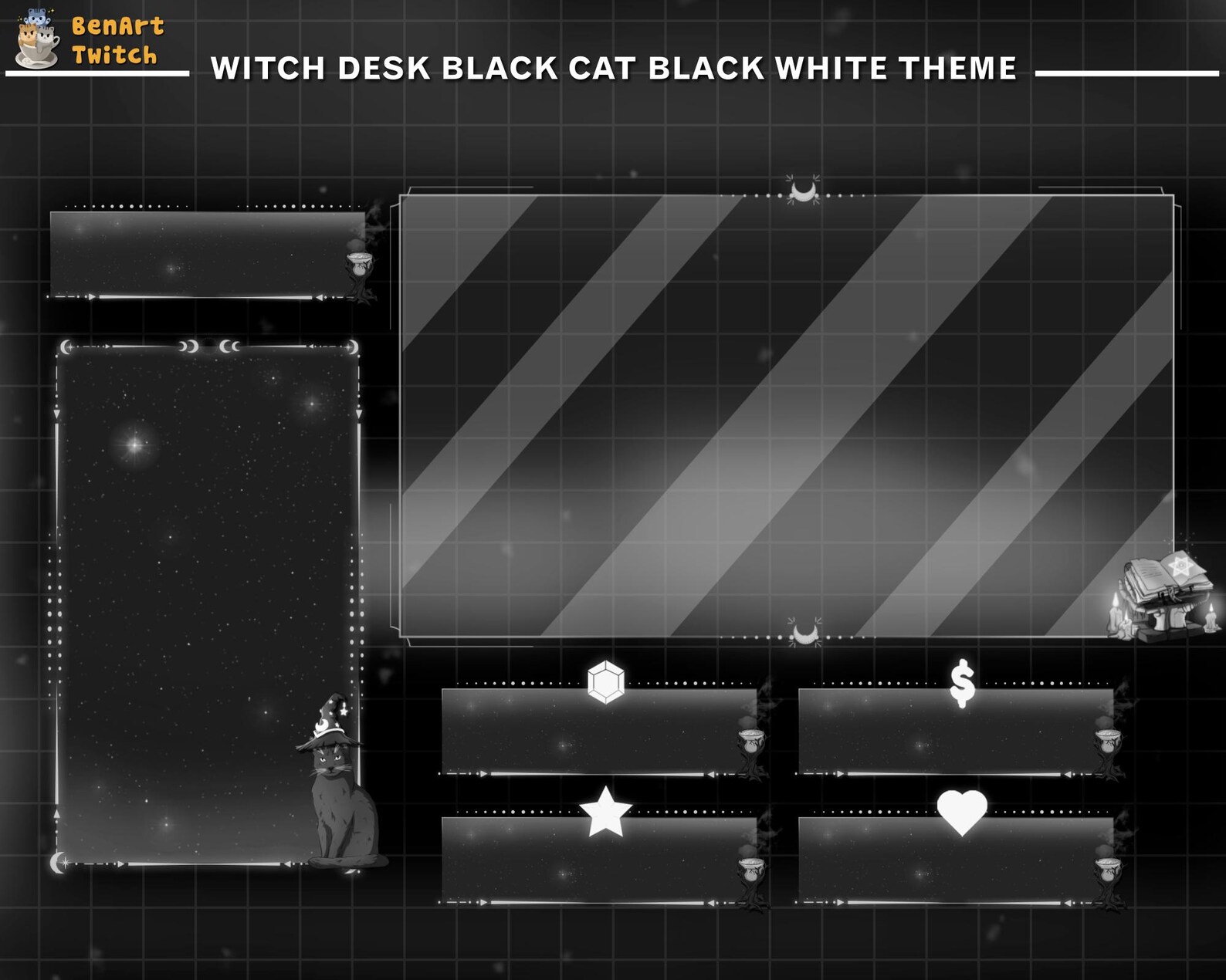 Animated Witch Desk Black Cat Stream Package Black and White Theme ...